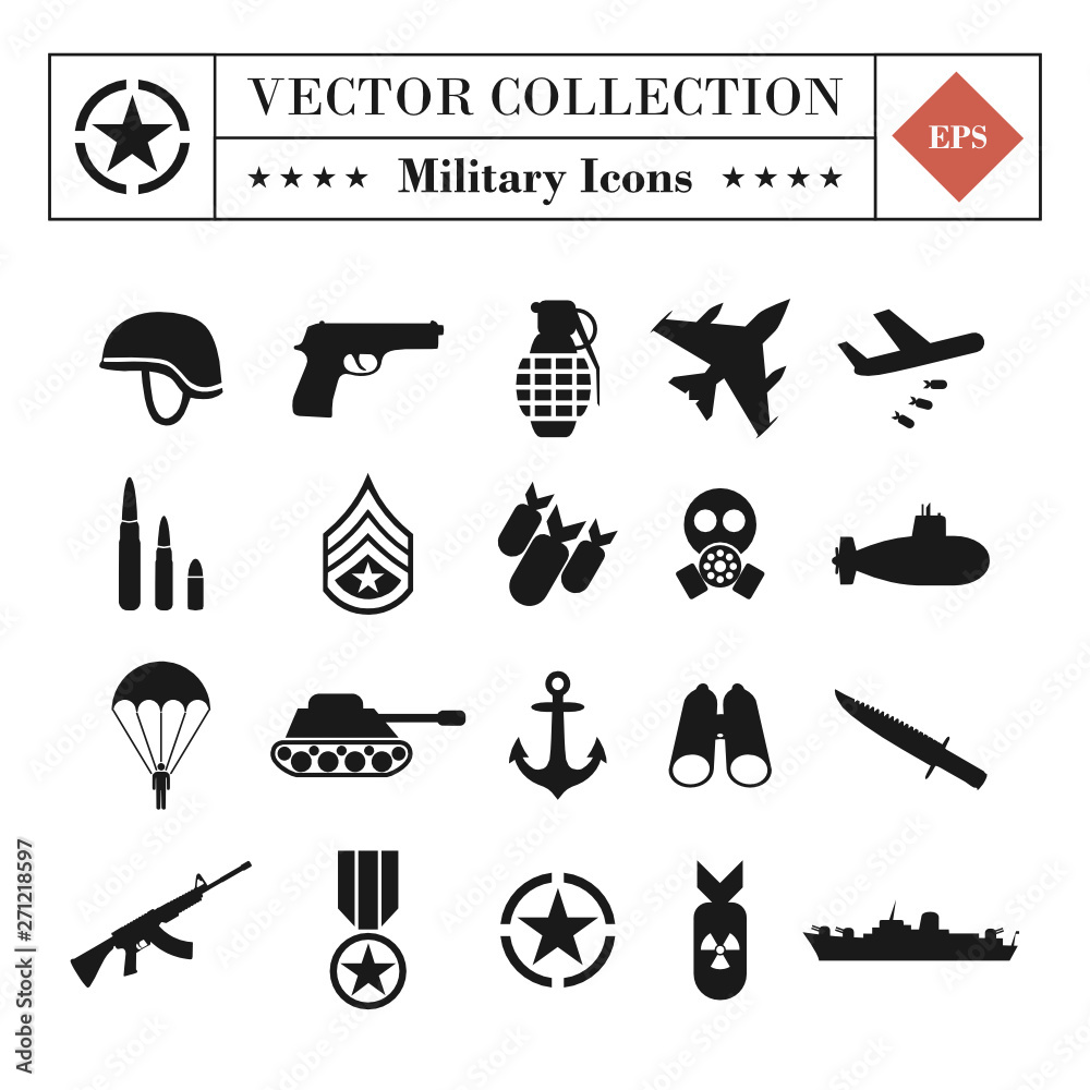 Vector collection of 20 military related icons isolated on white ...