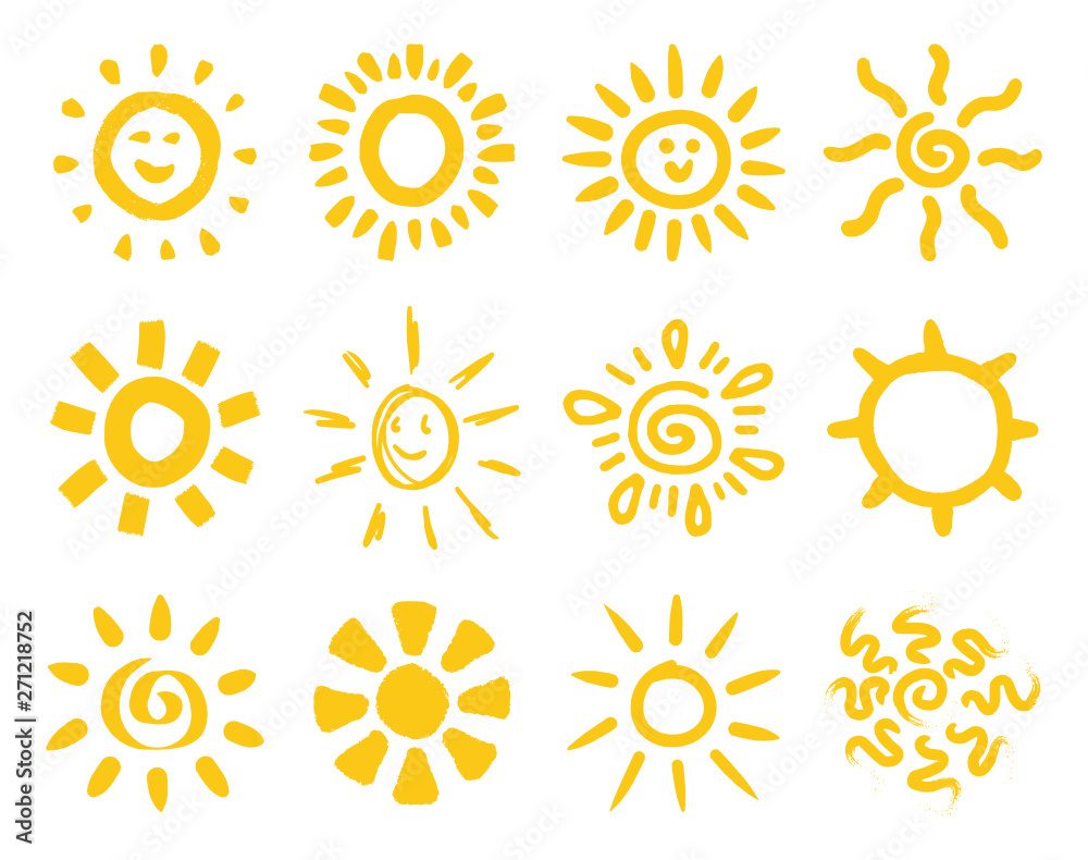 Vector set of 12 different hand drawn yellow sun illustrations isolated ...