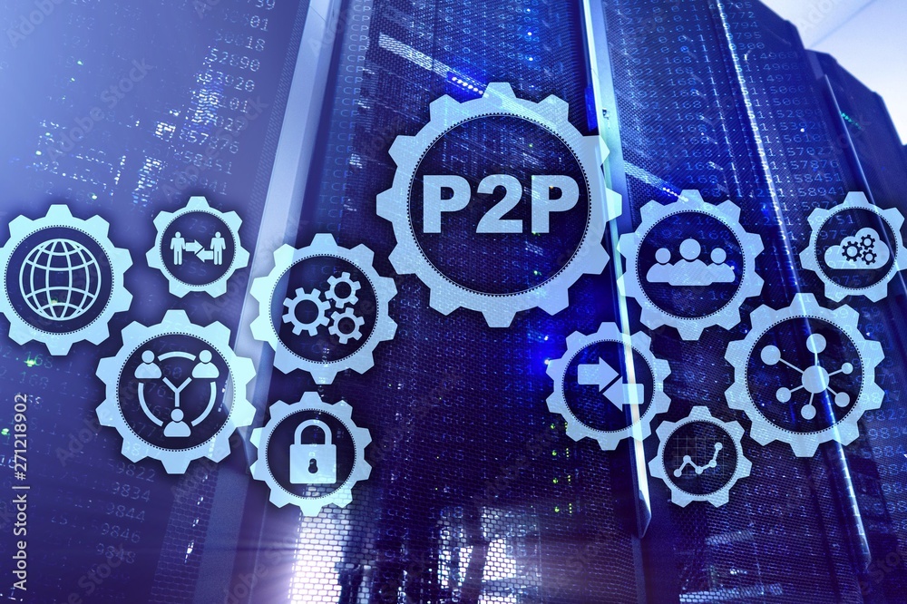 Peer to peer. P2P on the virtual screen with a server room background ...