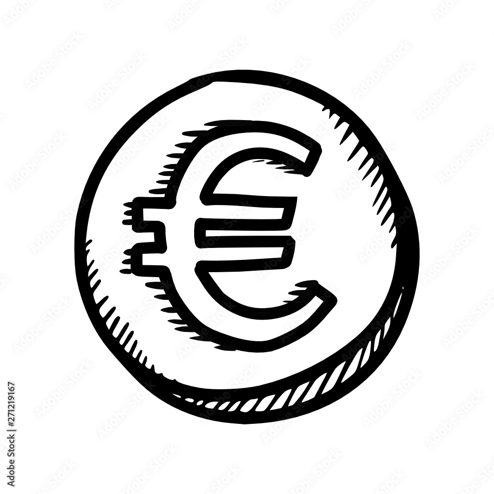 Hand drawn cartoon style illustration of a coin with the euro symbol ...