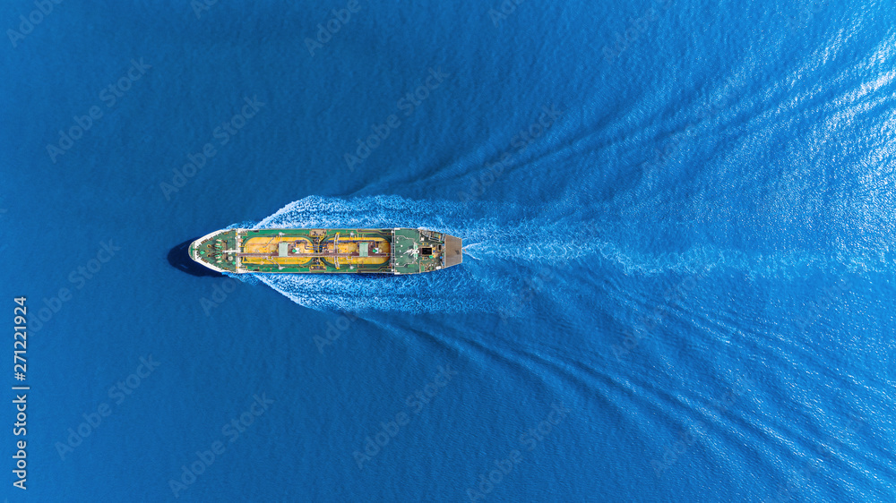 Aerial top view Oil ship tanker transportation oil from refinery on the ...