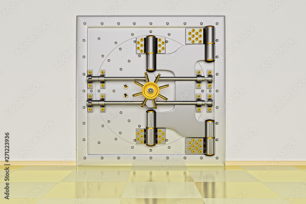 Front view of light gold bank vault door, closed. The door to the bank ...