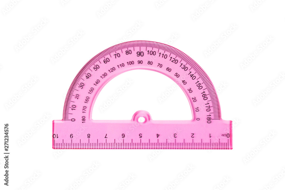 One plastic pink protractor with degrees and digits for education or ...
