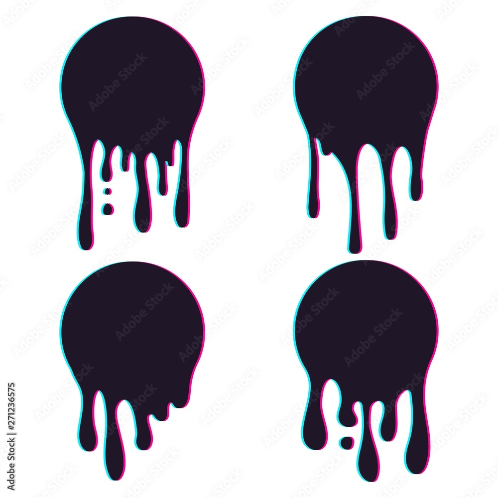 Set of dripping circle paint with glitch effect. Paint drip stickers or ...
