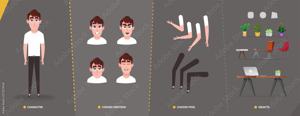 Cartoon character animation set, emotions faces, hands and foots set ...