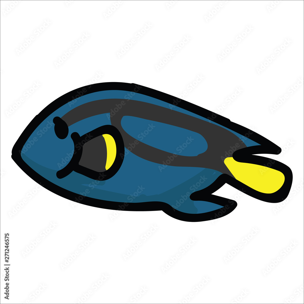 Cute blue tang cartoon vector illustration motif set. Hand drawn ...