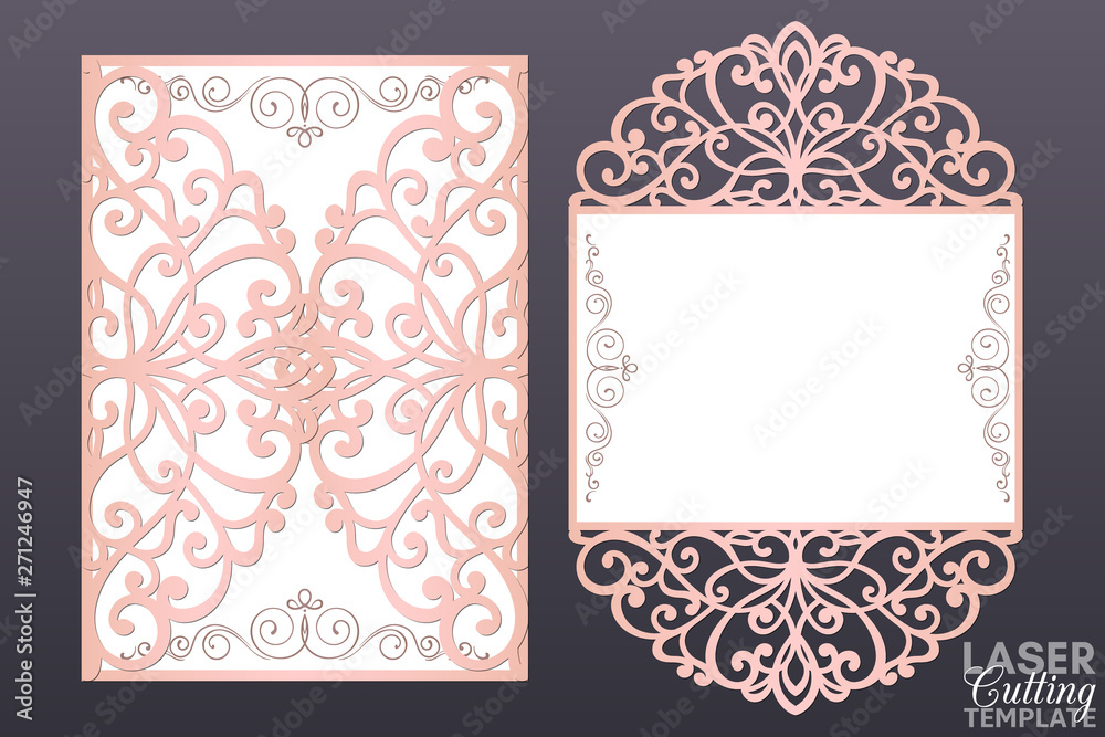 Laser cut wedding invitation card template vector. Cutout paper gate ...
