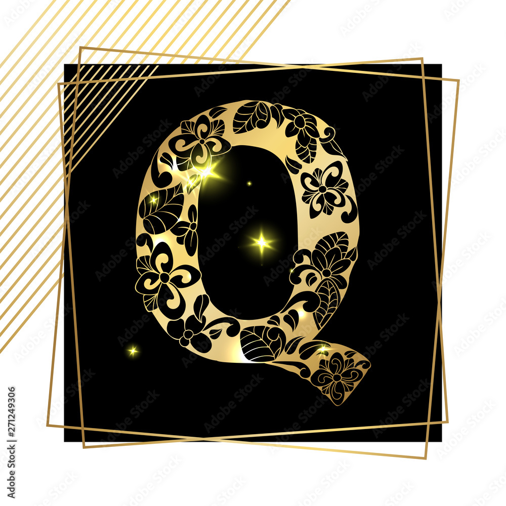 Golden Floral Ornamental Alphabet, Initial Letter Q Font with Modern ...