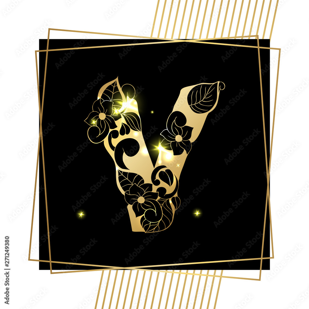 Golden Floral Ornamental Alphabet, Initial Letter V Font with Modern ...