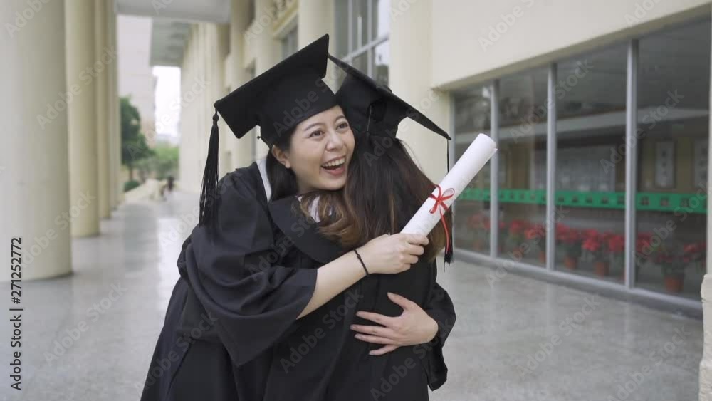 slow motion asian graduation college students having fun hugging and ...