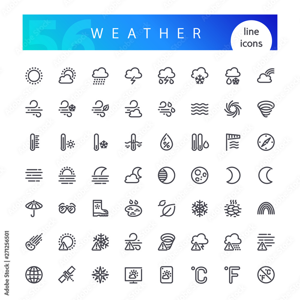 Set of 56 weather line icons suitable for web, infographics and apps ...