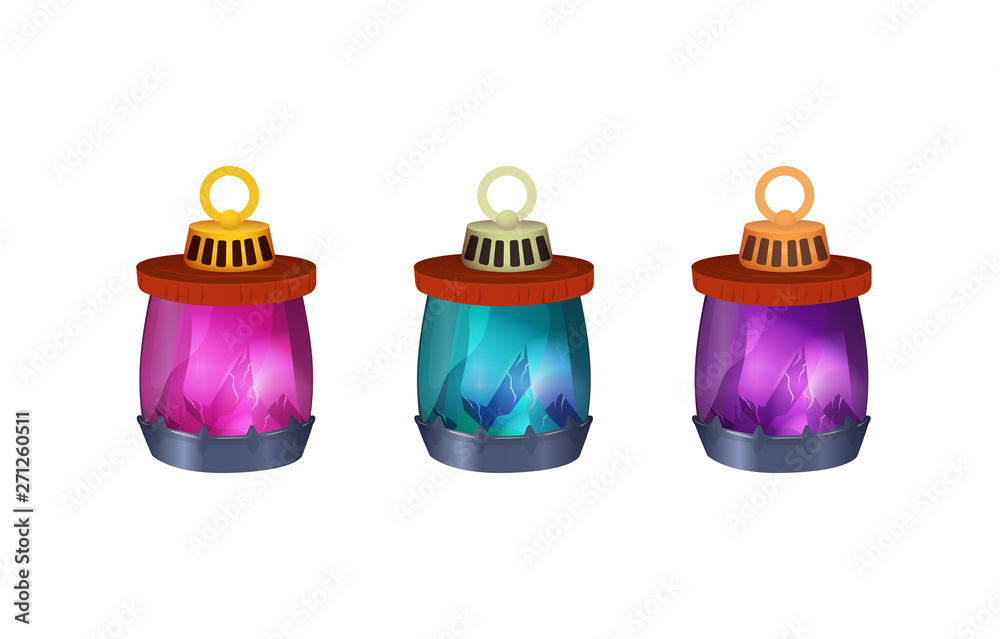 Set of magical glass lamps with glowing, illuminated crystals. Objects ...