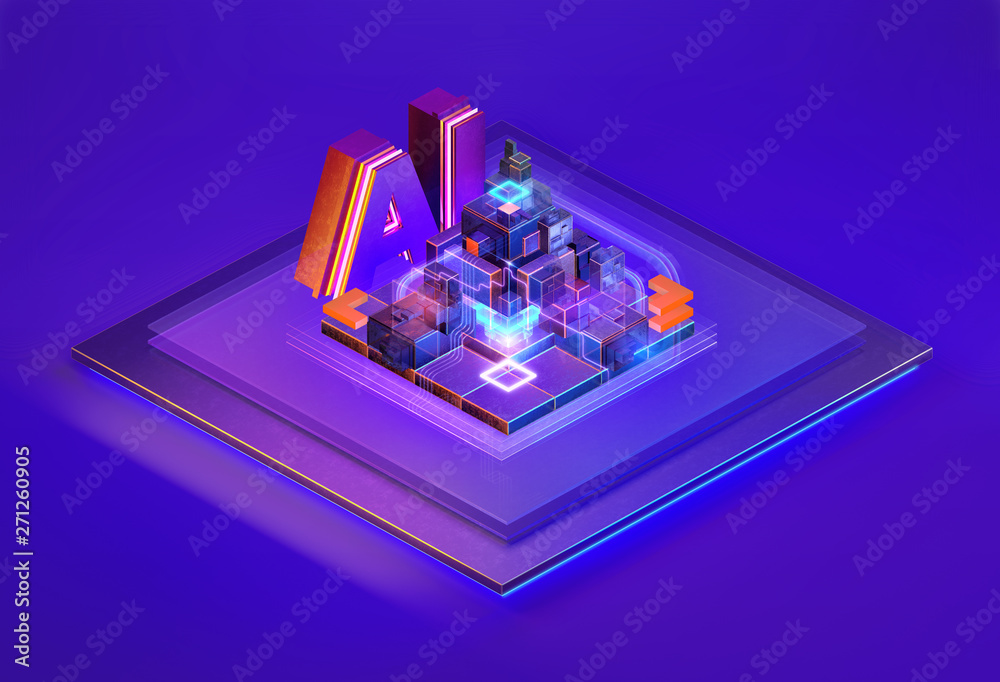 Artificial intelligence isometric design on dark background. AI robotic ...