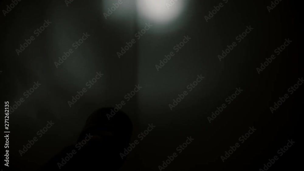 Creepy POV nightmare in a dark room. A man with a flashlight enters the ...