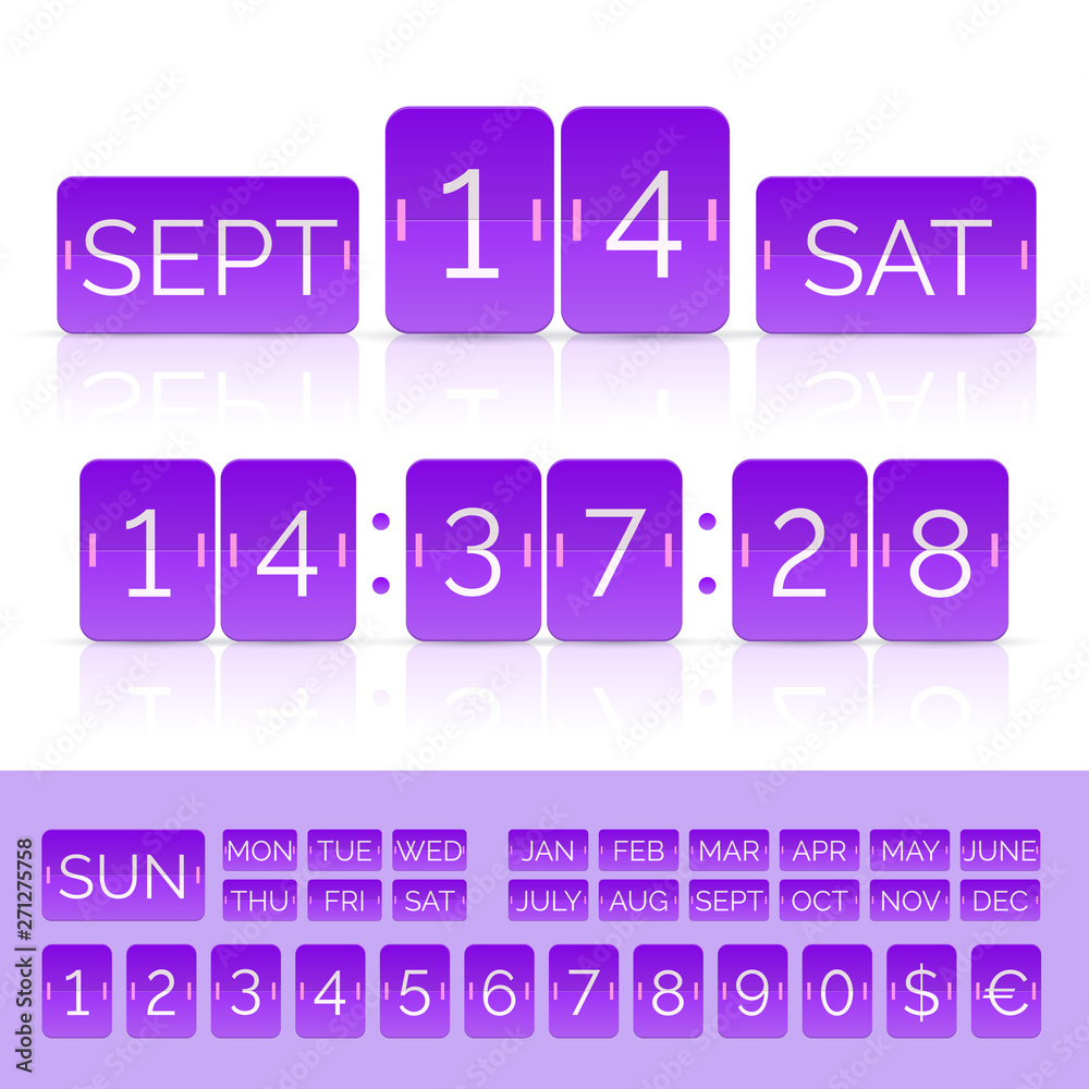 Purple flip calendar with flat countdown timer with numbers isolated ...