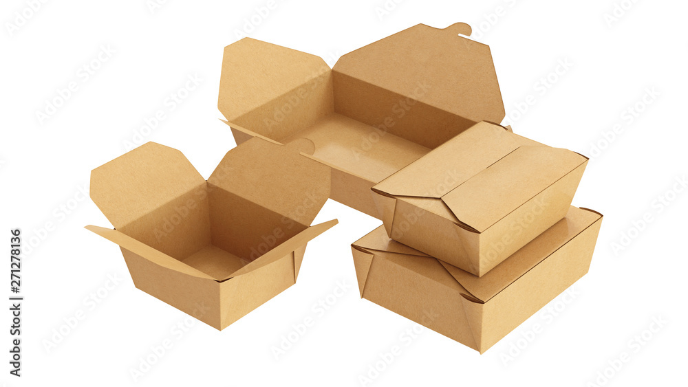 Packaging food box cardboard brown open and closed on white isolated ...