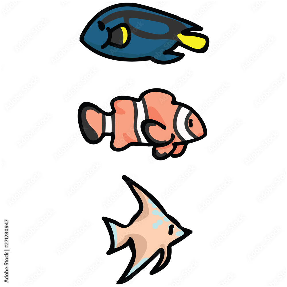Vetor de Cute tropical fish cartoon vector illustration motif set. Hand ...