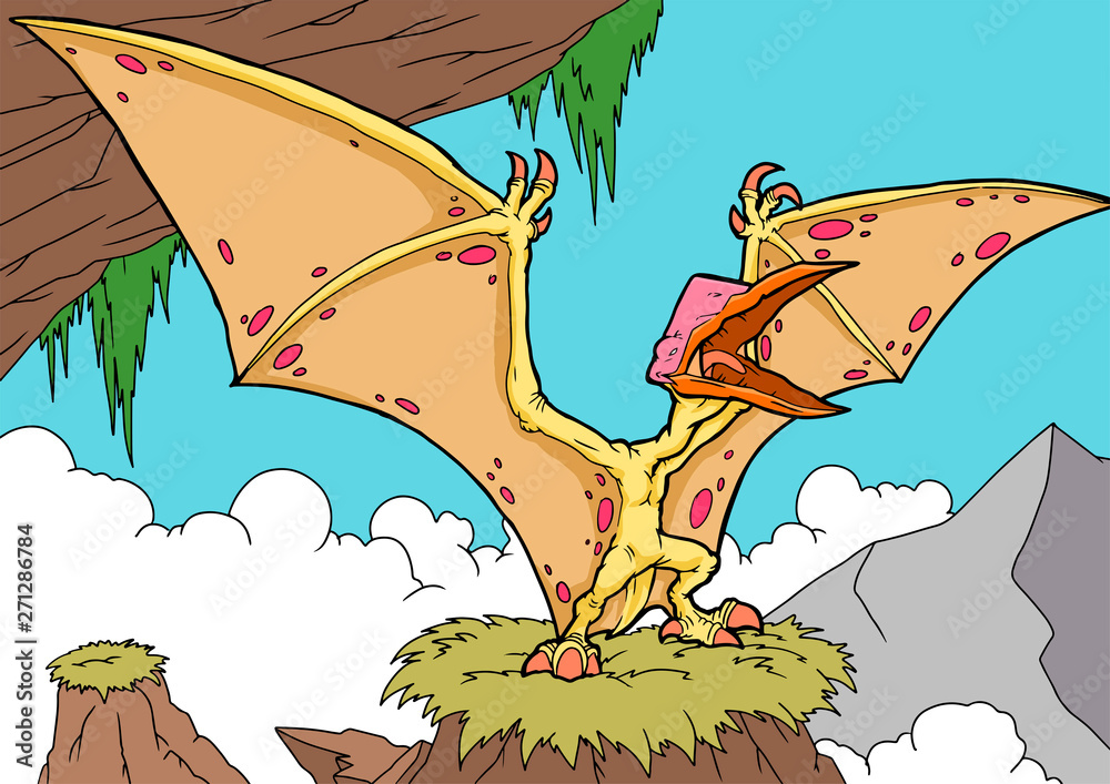 Cartoon pterodactyl on a branch Stock Vector | Adobe Stock