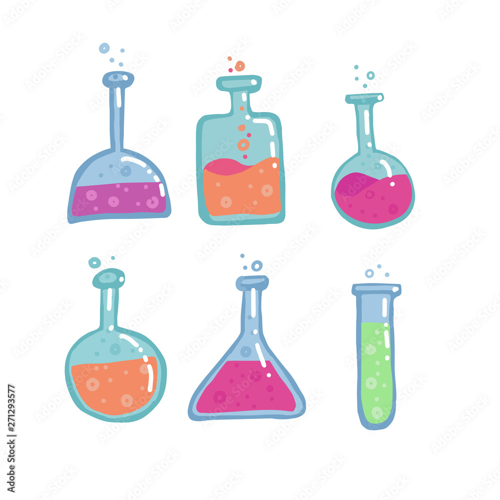 Set of 6 Chemistry Test tubes, different shapes flasks vector color ...