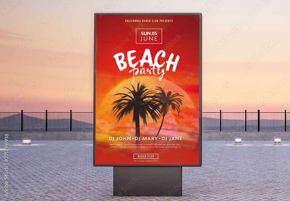 Beach Party Layout with Palm Trees Stock Template | Adobe Stock