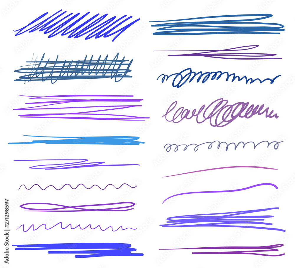 Hand drawn colorful underlines on white. Stroke chaotic patterns ...