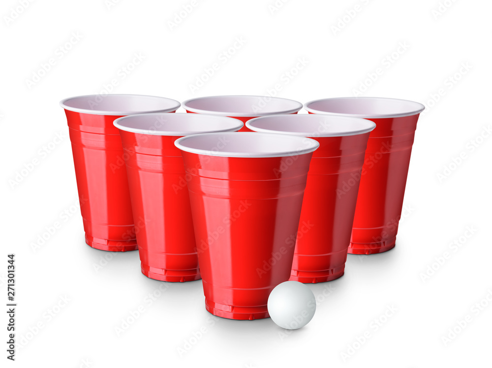 Red Beer Pong plastic cups with ball isolated on white background ...