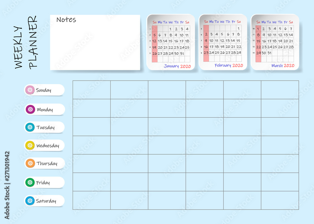 Calendar for first quarter of 2020 year with weekly planner chart and ...