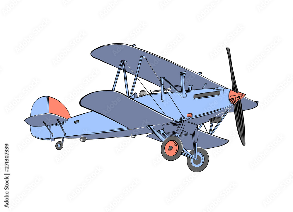 Hand drawn sketch of biplane aircraft in color. Isolated on white ...