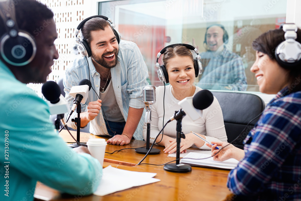 Scandal interview. Two outraged guests answering provocative questions ...