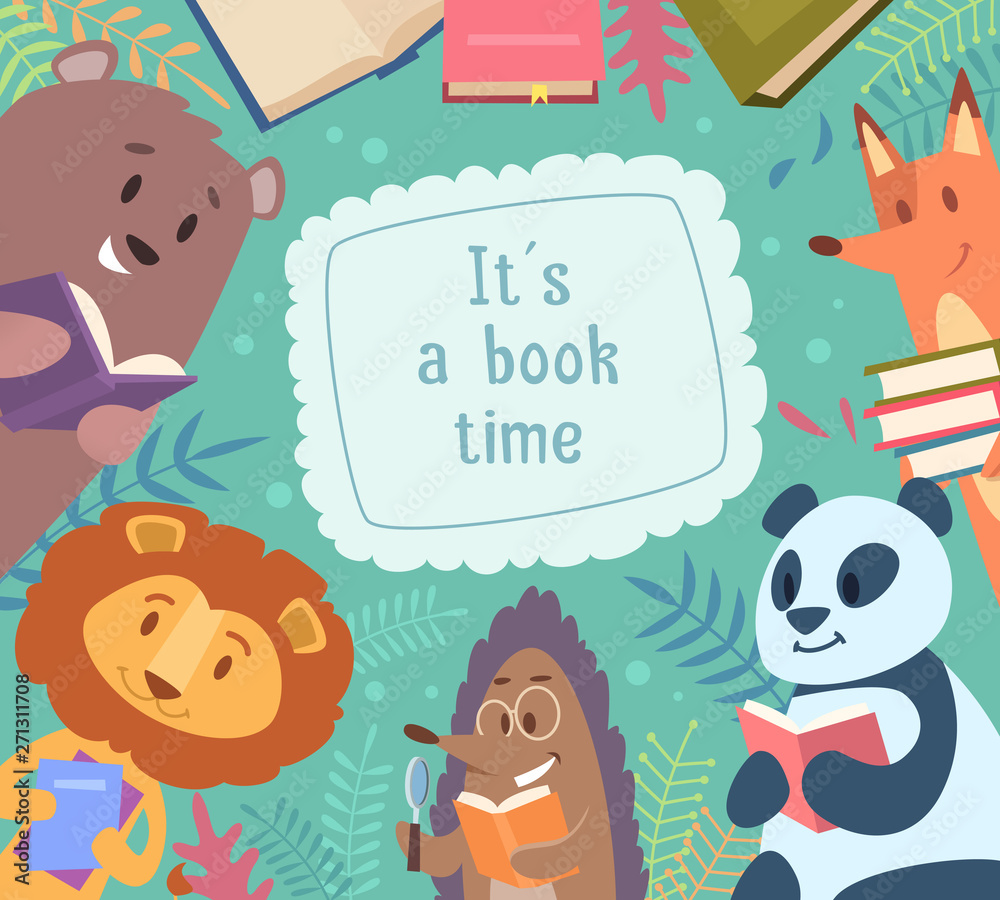 Animals reading books. Back to school background frame with funny ...