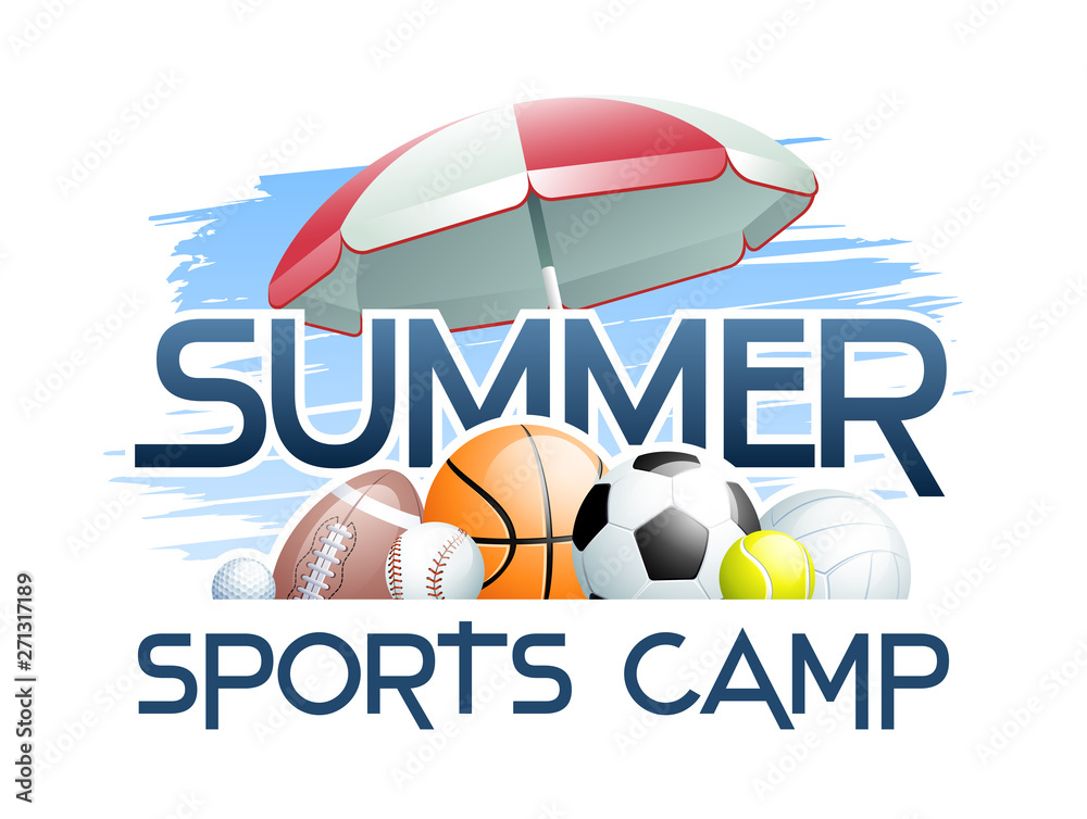 Sports Summer Camp concept with different Sports Balls and Umbrella ...