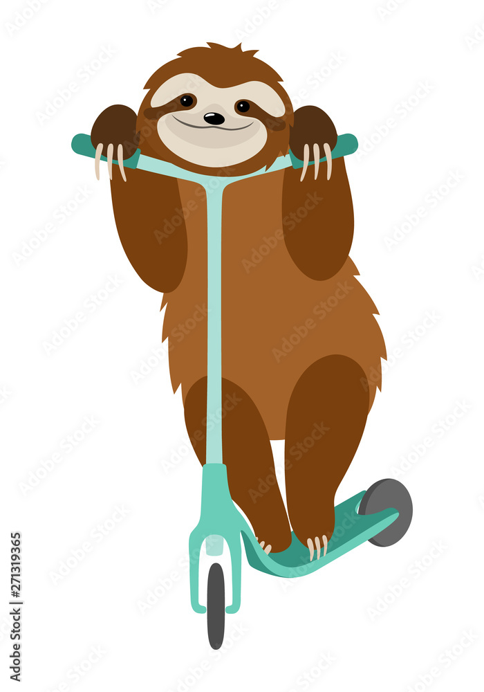 Cute sloth riding electric kick scooter. Funny cartoon animal riding a ...