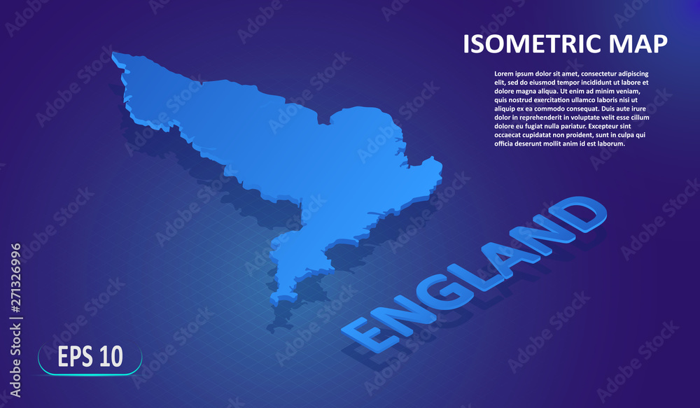 Isometric map of the ENGLAND. Stylized flat map of the country on blue ...