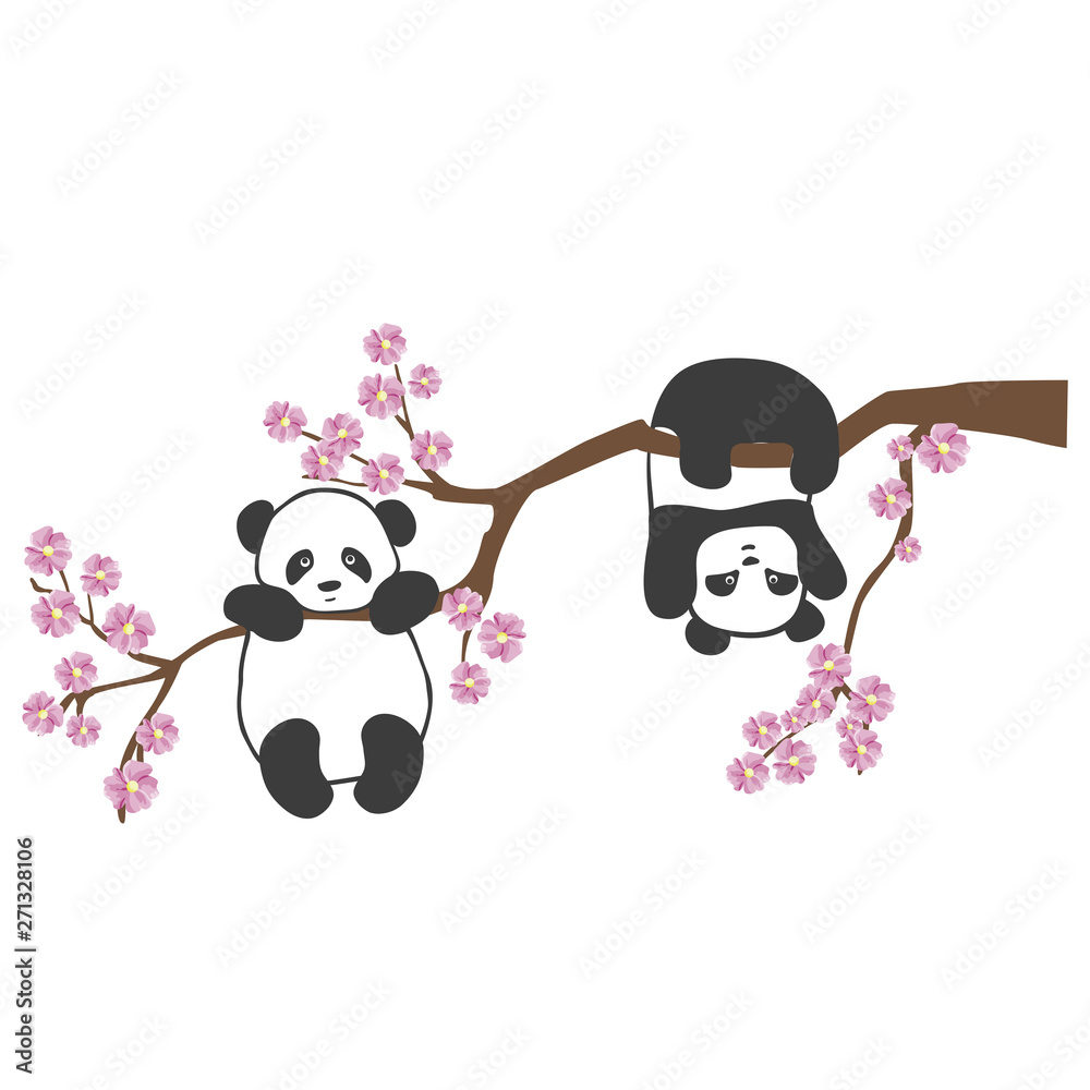 vector illustration of cute little Panda on Sakura tree branch, flat ...