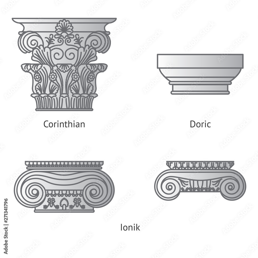 Antique set of Greek historical capitals for Calon: Ionic, Doric and Corinthian capitals Vector ...