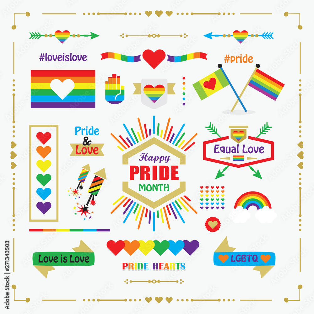 Happy Pride Month rainbow flags, icons, emblems, and design elements ...