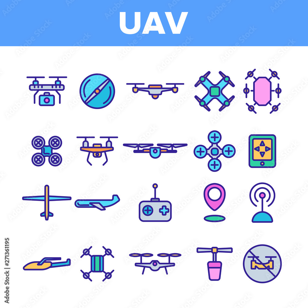 UAV, Remote Control Drones Vector Linear Icons Set. UAV, Unmanned ...