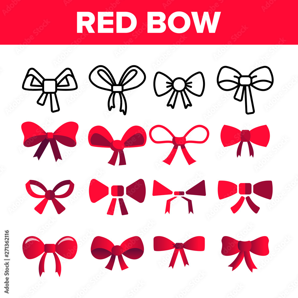 Red Bow And Ribbon Vector Color Icons Set. Decorative Bow, Female Hair ...