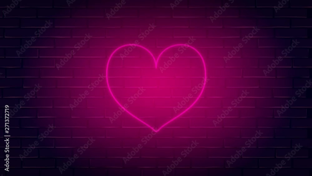 Heart shape neon light glowing on brick wall and blinking. Heart symbol ...