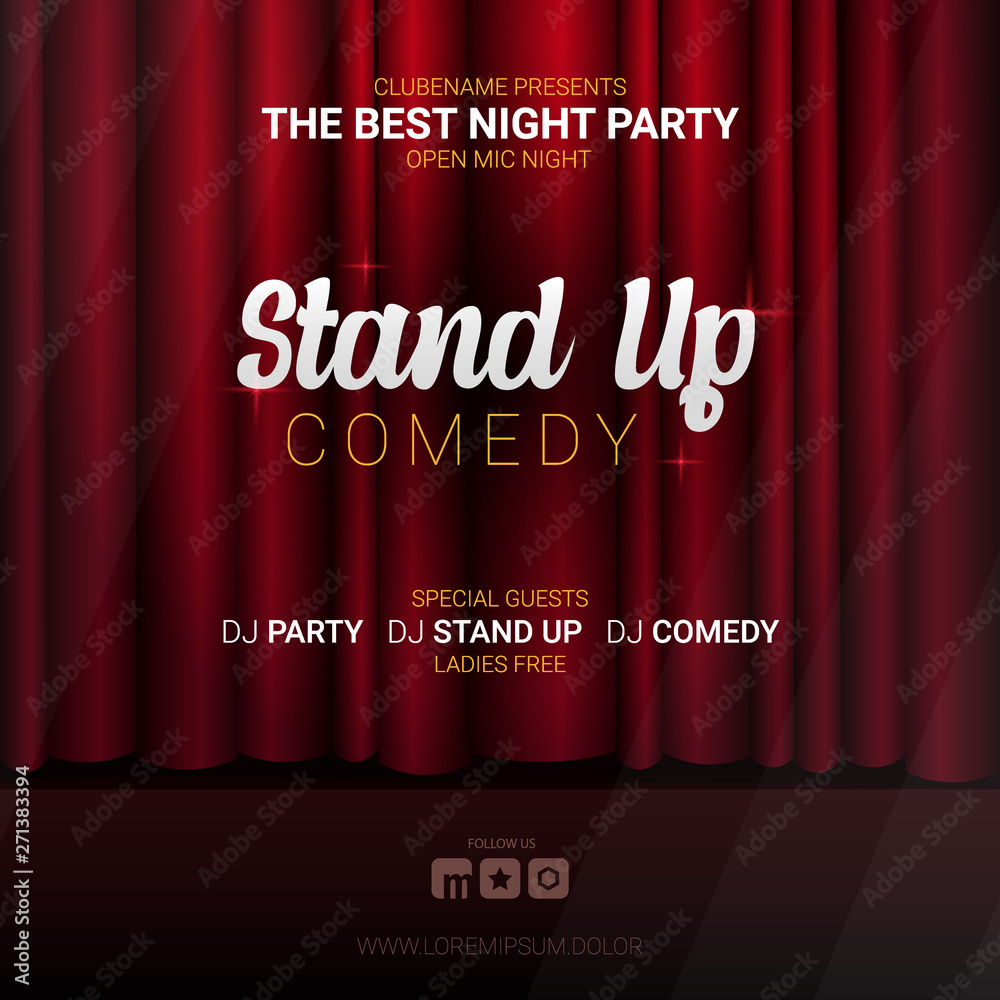 Stand Up Comedy banner with Red curtains background with spotlight ...