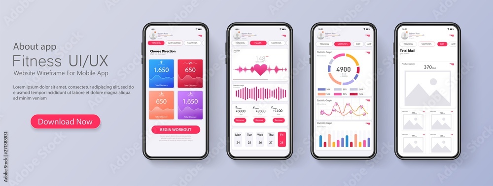 Different UI, UX, GUI screens fitness app and flat web icons for mobile ...