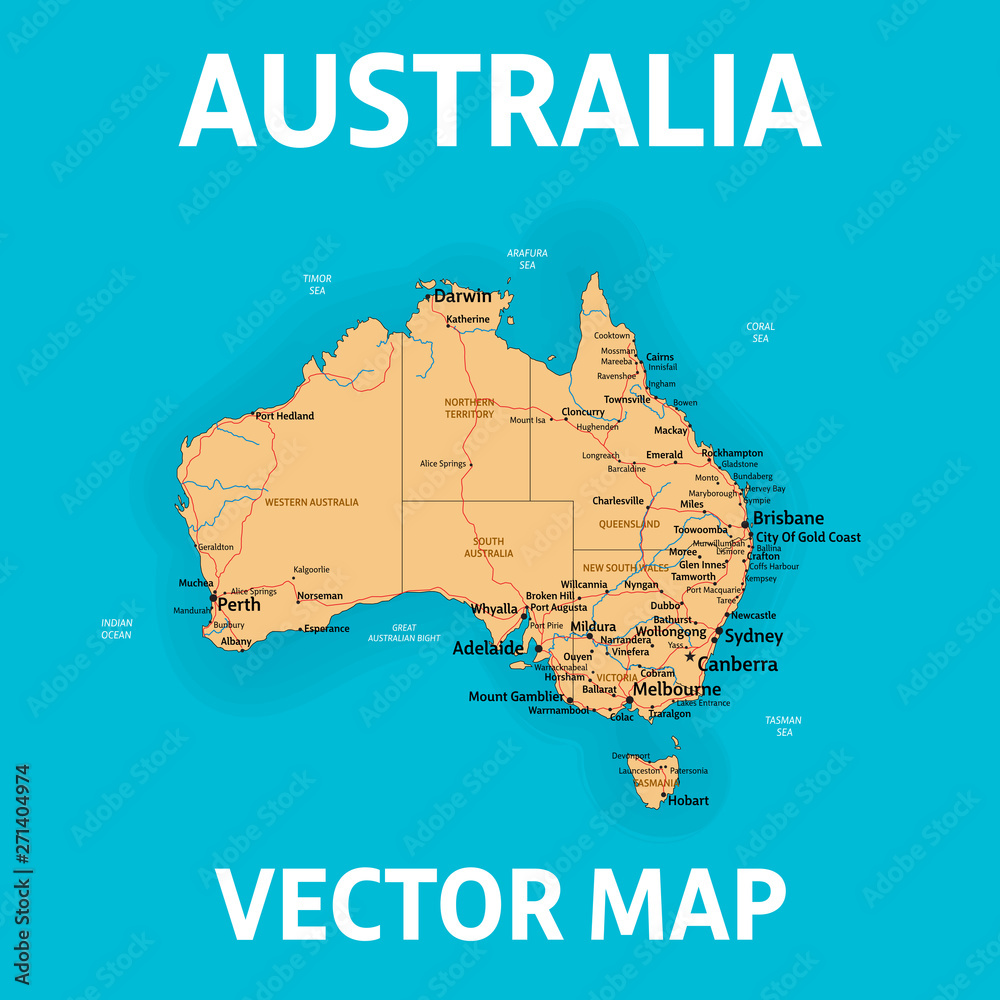 Vector map of Australia with states, cities, rivers and seas on ...