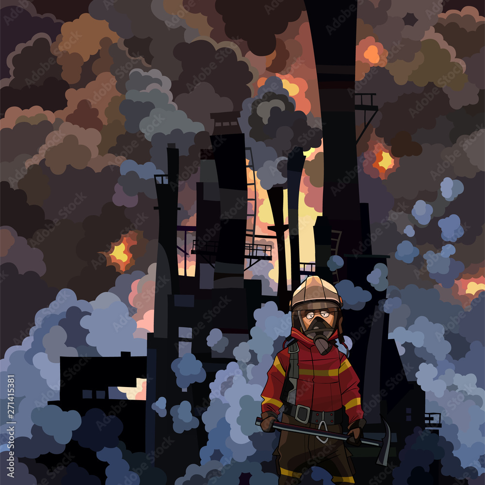 cartoon firefighter on fire near an industrial building with pipes ...