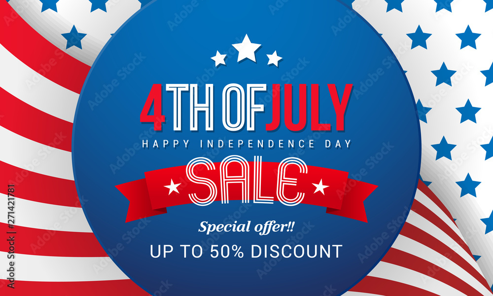 4th of July Sale Vector illustration. Blue circle badge on flag ...