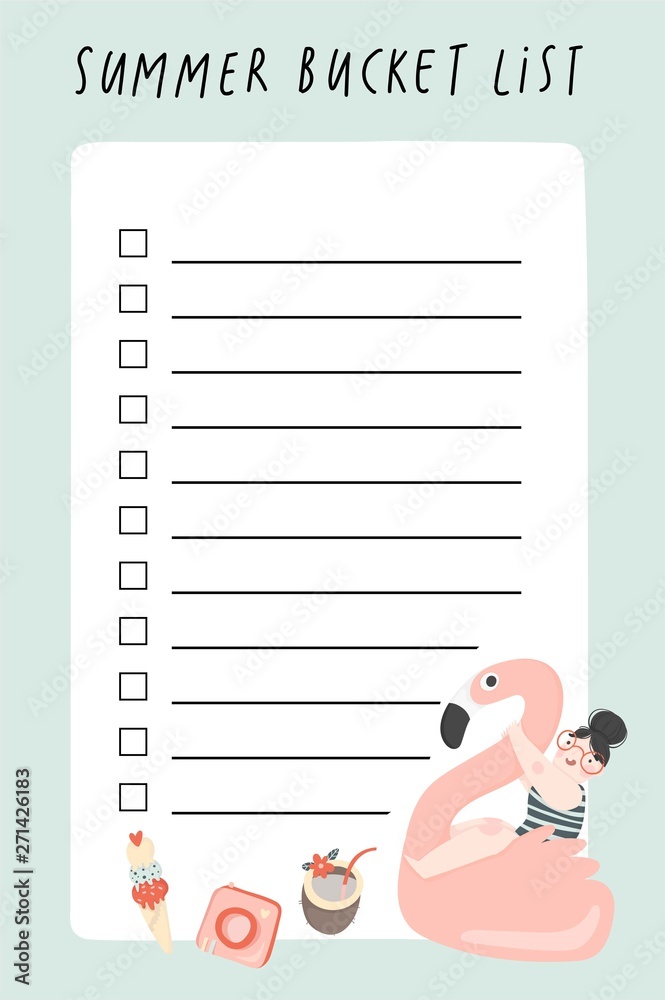 Summer bucket list with hand drawn illustration of cute girl, leaves ...