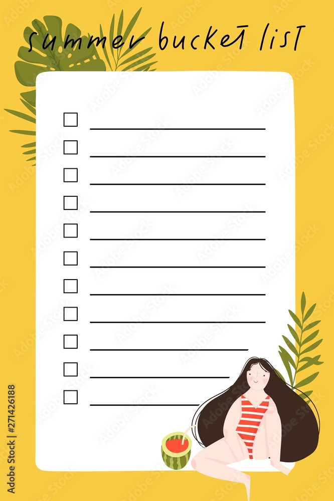 Summer bucket list with hand drawn illustration of cute girl, leaves ...