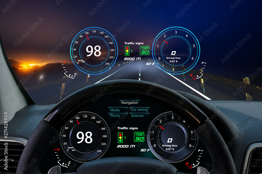 night car ride by car equipped with Head-up display.3d illustration ...