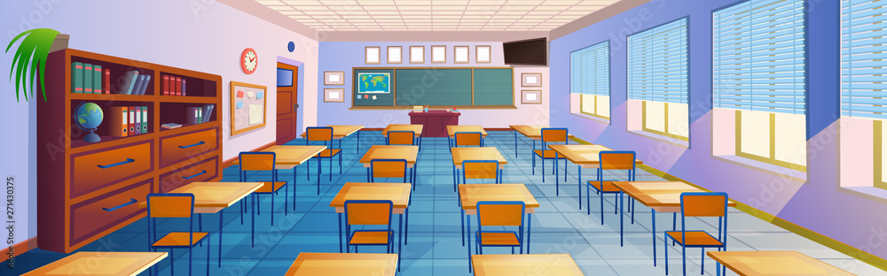 Cartoon classroom interior with view on blackboard, school desks with ...