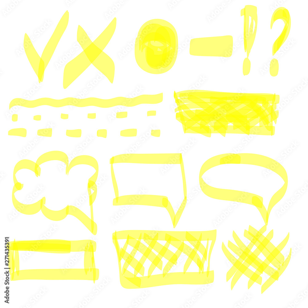 Hand drawn highlight marker lines set. Highlighter yellow strokes ...