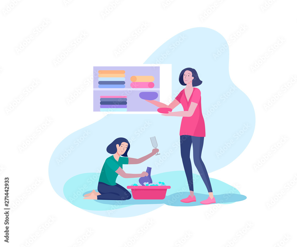 Scenes with the family doing housework, girl helping mother clean the ...